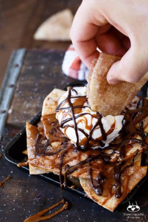 Churros Dessert Nachos with Mexican Hot Fudge and Dulce de Leche
