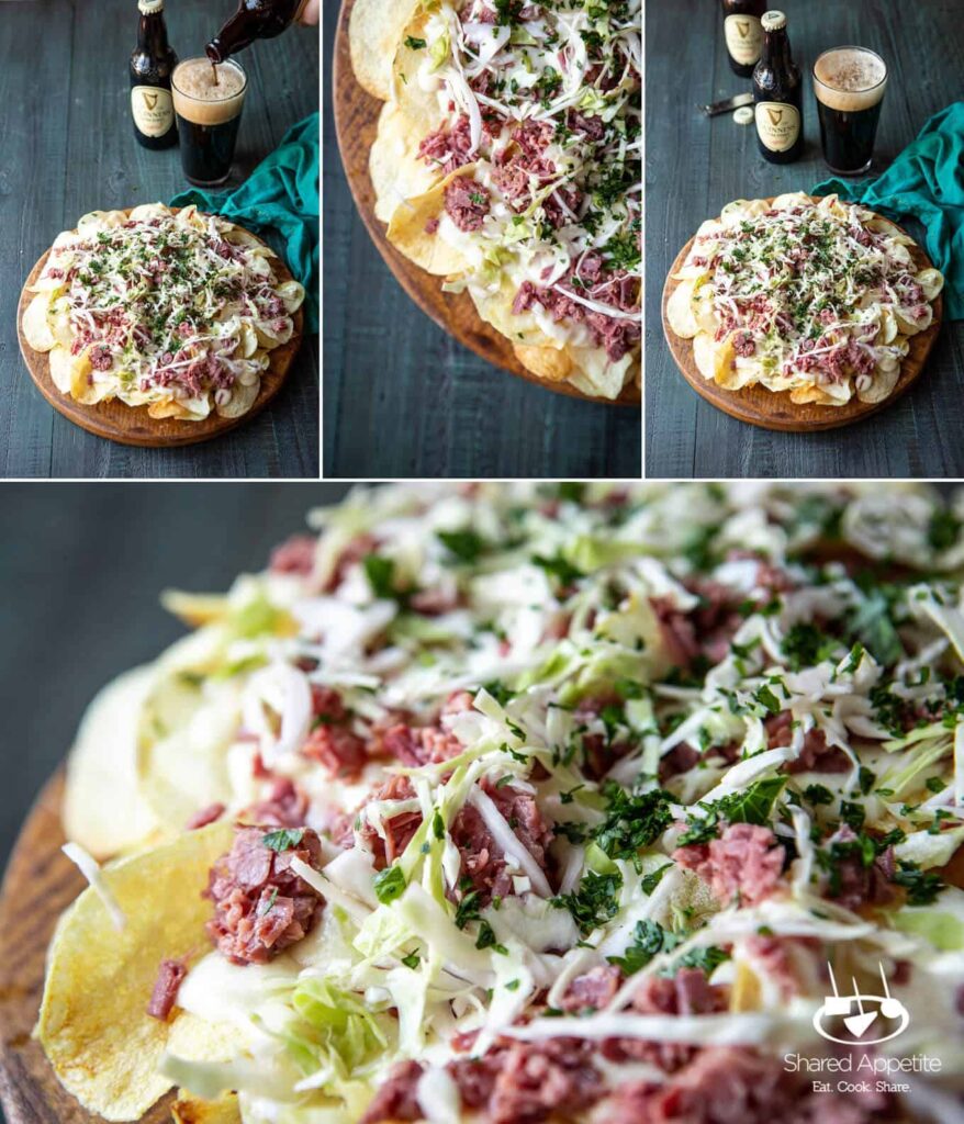 Corned Beef Nachos with Swiss Cheese Queso and Pickled Cabbage